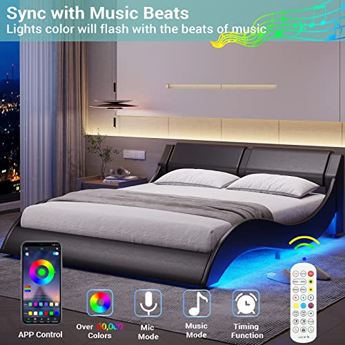Queen Modern Upholstered Platform Bed Frame Wave-Like Curve Led Bed Frame with Headboard Low Profile Bed Frame with Smart RGB LED Lights,Faux Leather,Easy Assemble,Strong Wood Slats Support,Black