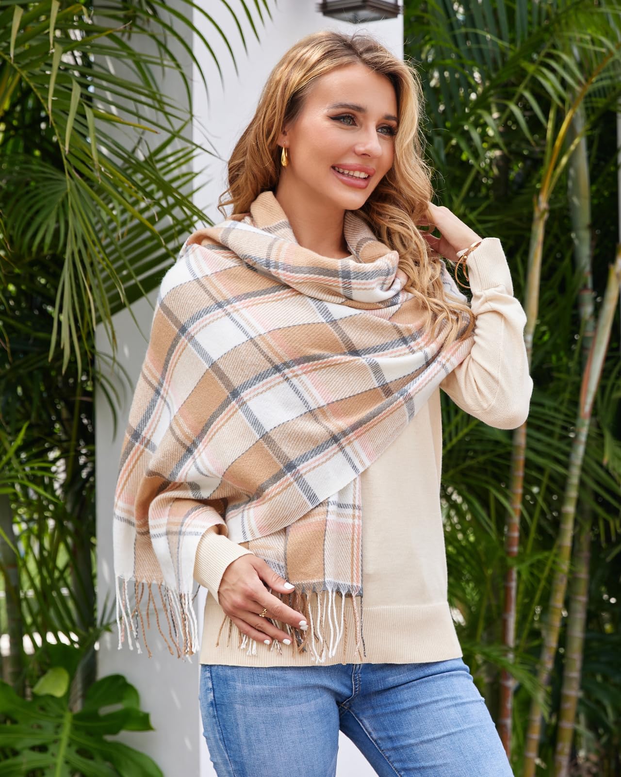 Fuinloth Women's Large Plaid Scarf Fashion Long Shawl Wrap for Winter Warm Lightweight Brown Pink
