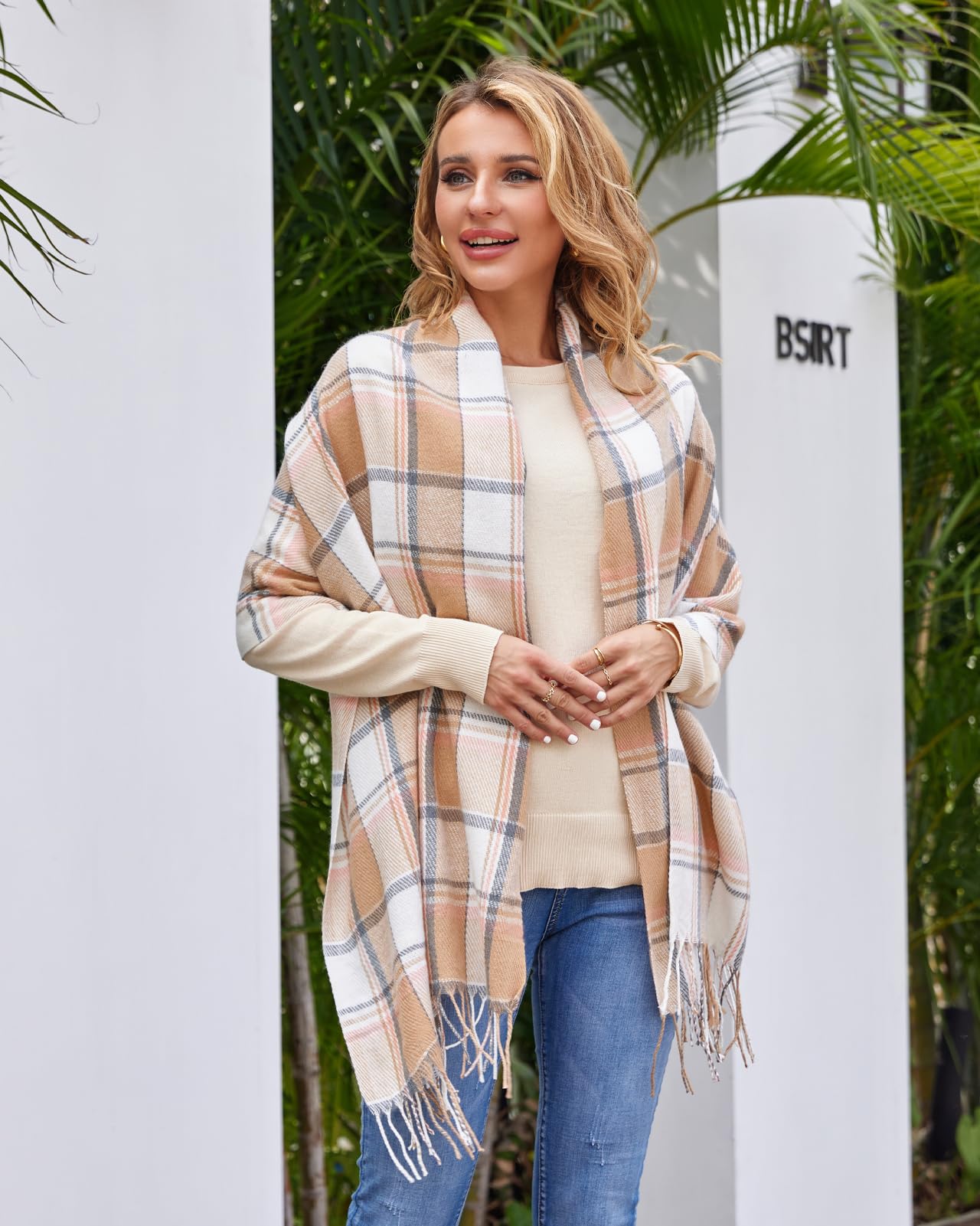 Fuinloth Women's Large Plaid Scarf Fashion Long Shawl Wrap for Winter Warm Lightweight Brown Pink