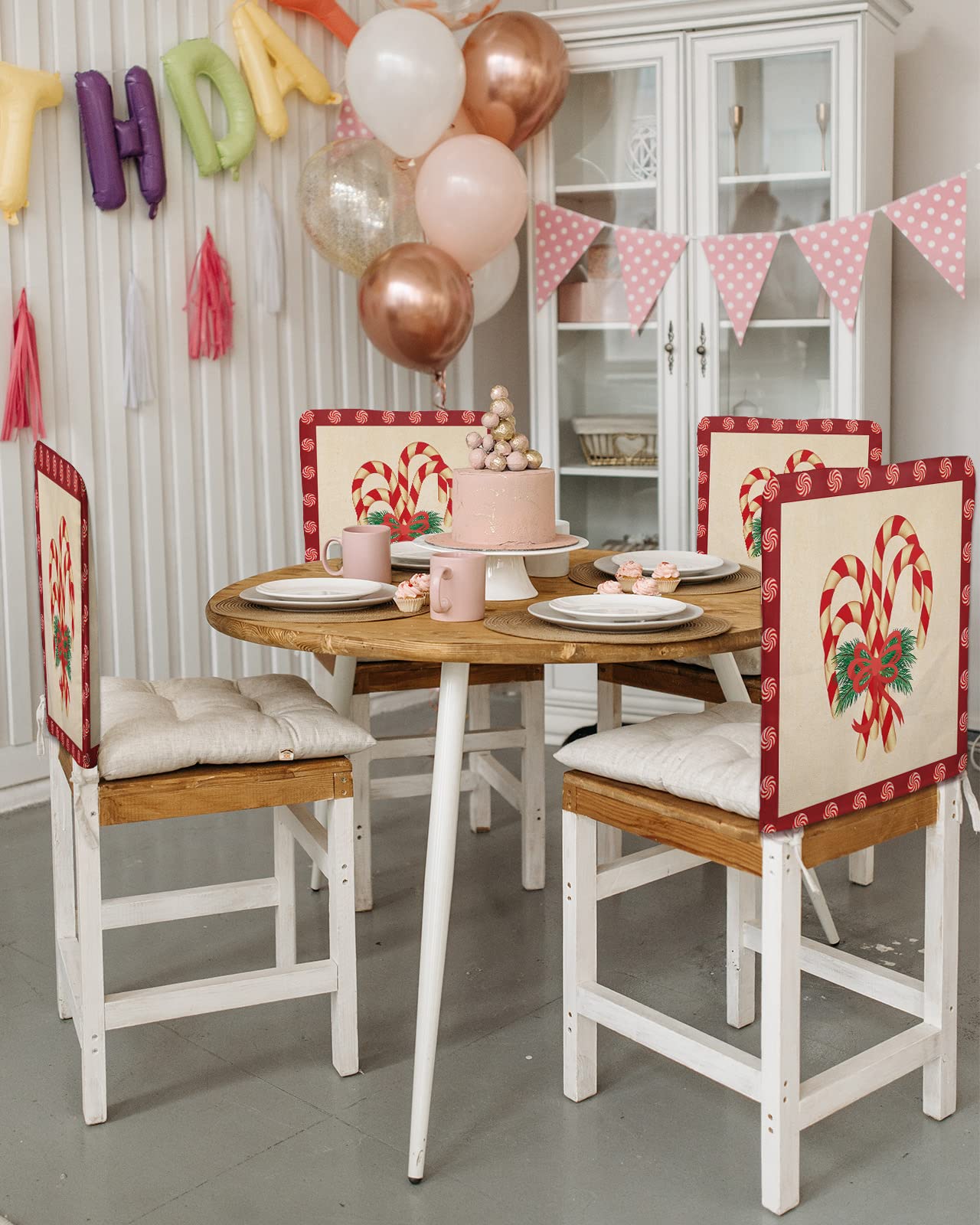 Christmas Candy Cane Chair Back Cover, Dining Chair Protector Covers, Bowknot Red Board Vintage Chair Covers Removable Chair Slipcovers for Weeding Banquet Party 19"x18", 4 Pack