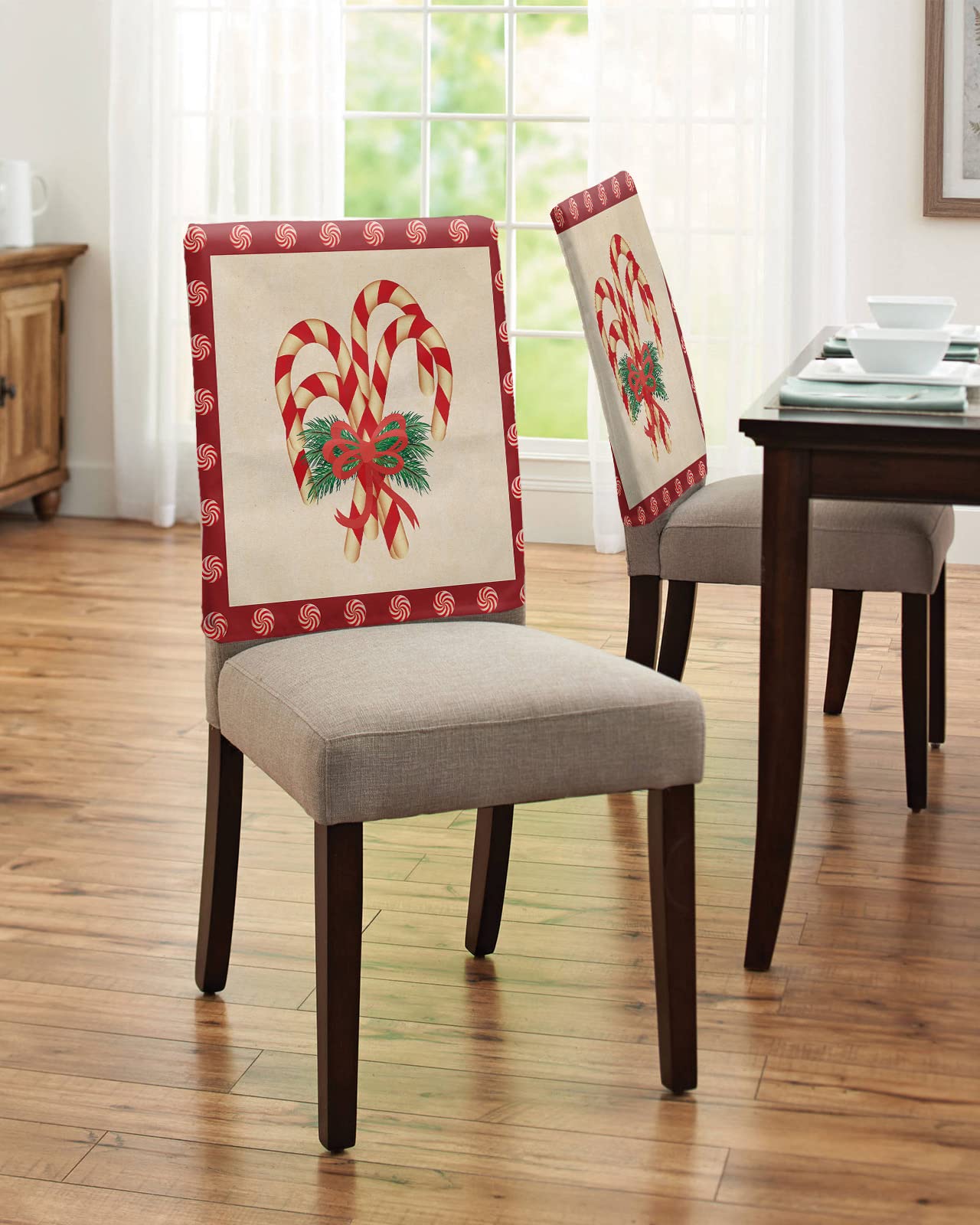 Christmas Candy Cane Chair Back Cover, Dining Chair Protector Covers, Bowknot Red Board Vintage Chair Covers Removable Chair Slipcovers for Weeding Banquet Party 19"x18", 4 Pack