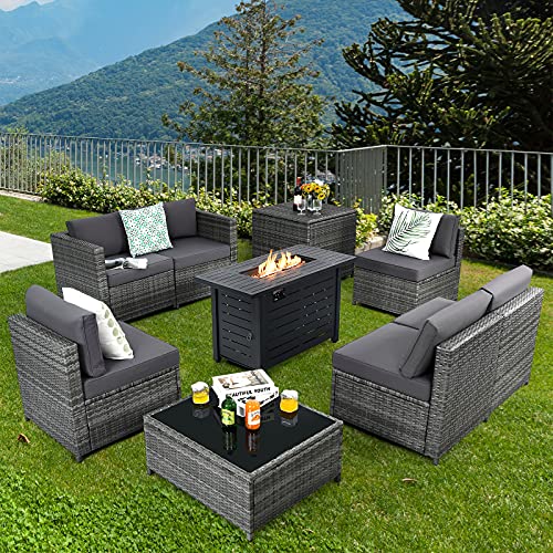 Tangkula 9 Pieces Patio Rattan Furniture Set, Patiojoy Sectional Sofa Set w/Fire Pit Table, Storage Box, Coffee Table, Outdoor Wicker Conversation Set w/ 42β Propane Fire Pit Table (Grey)