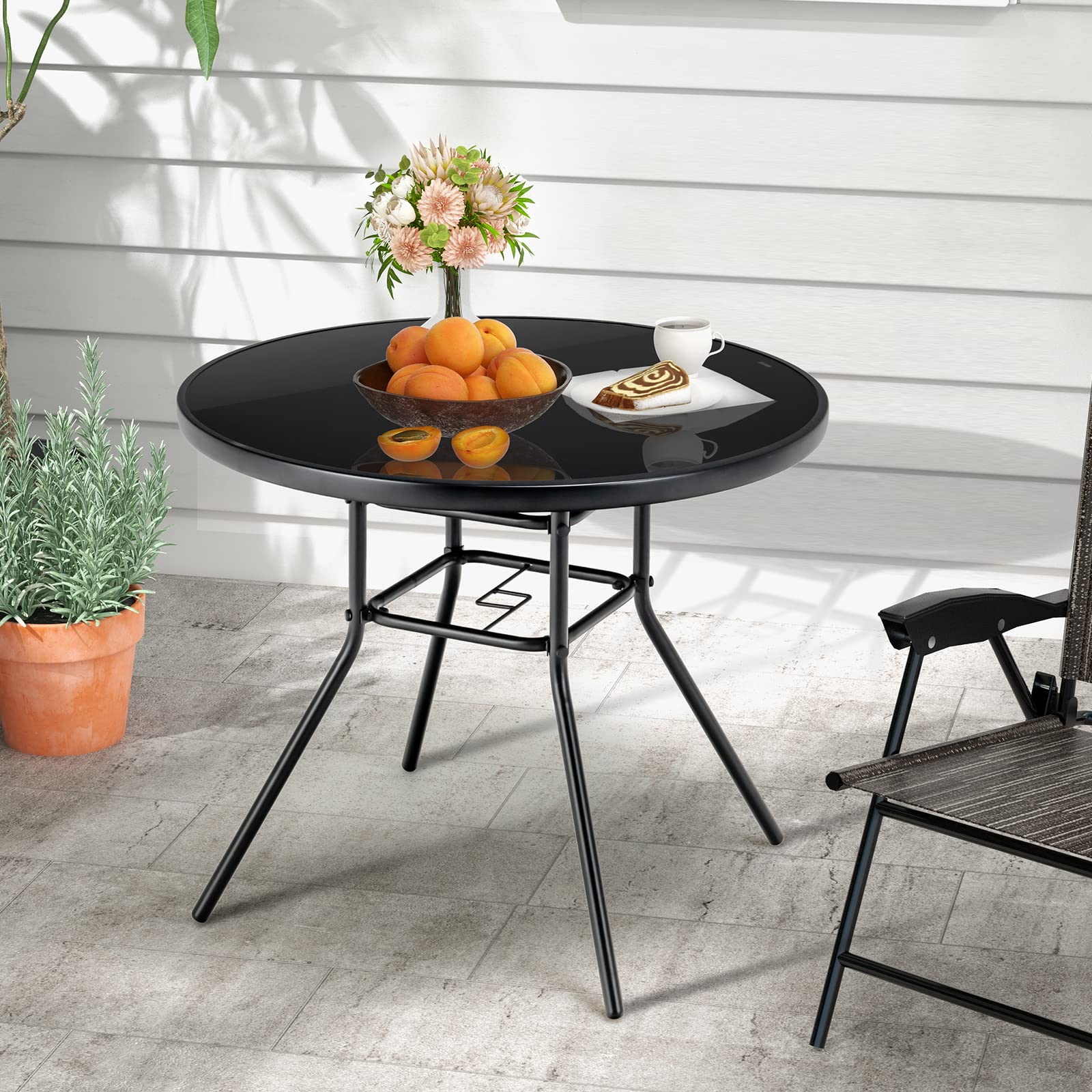Tangkula 34 Inch Patio Dining Table, Round Tempered Glass Table with 1.5β Umbrella Hole, Heavy-Duty Metal Frame, Outdoor Metal Dining Table for Garden, Balcony, Porch