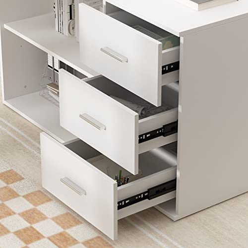DiDuGo Office Desk with Drawers and Shelves, Home Office Desk L Shaped Desk with Metal Frame, Wood Corner Desk Computer Desk for Office Bedroom White