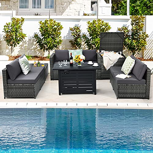 Tangkula 9 Pieces Patio Rattan Furniture Set, Patiojoy Sectional Sofa Set w/Fire Pit Table, Storage Box, Coffee Table, Outdoor Wicker Conversation Set w/ 42β Propane Fire Pit Table (Grey)