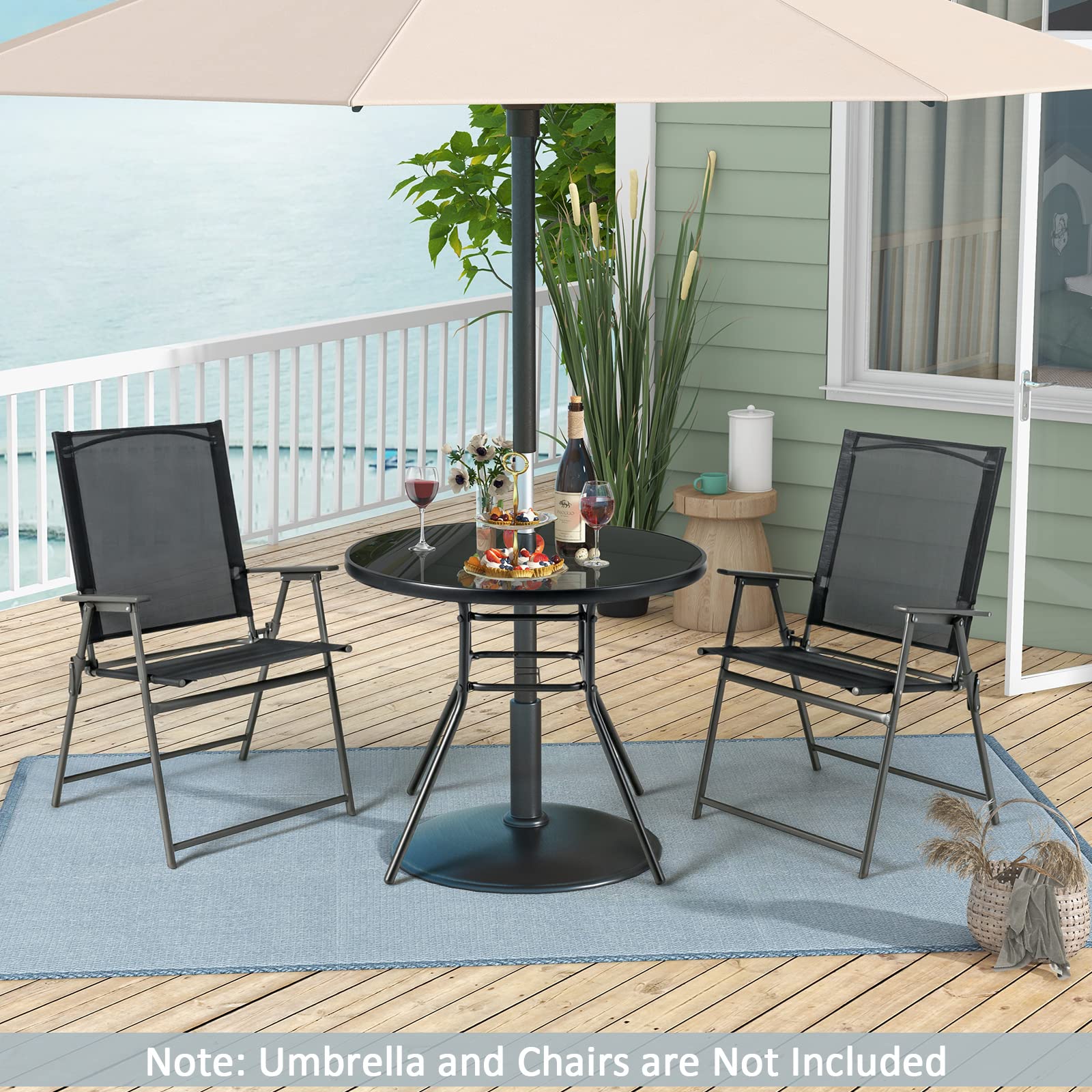 Tangkula 34 Inch Patio Dining Table, Round Tempered Glass Table with 1.5β Umbrella Hole, Heavy-Duty Metal Frame, Outdoor Metal Dining Table for Garden, Balcony, Porch