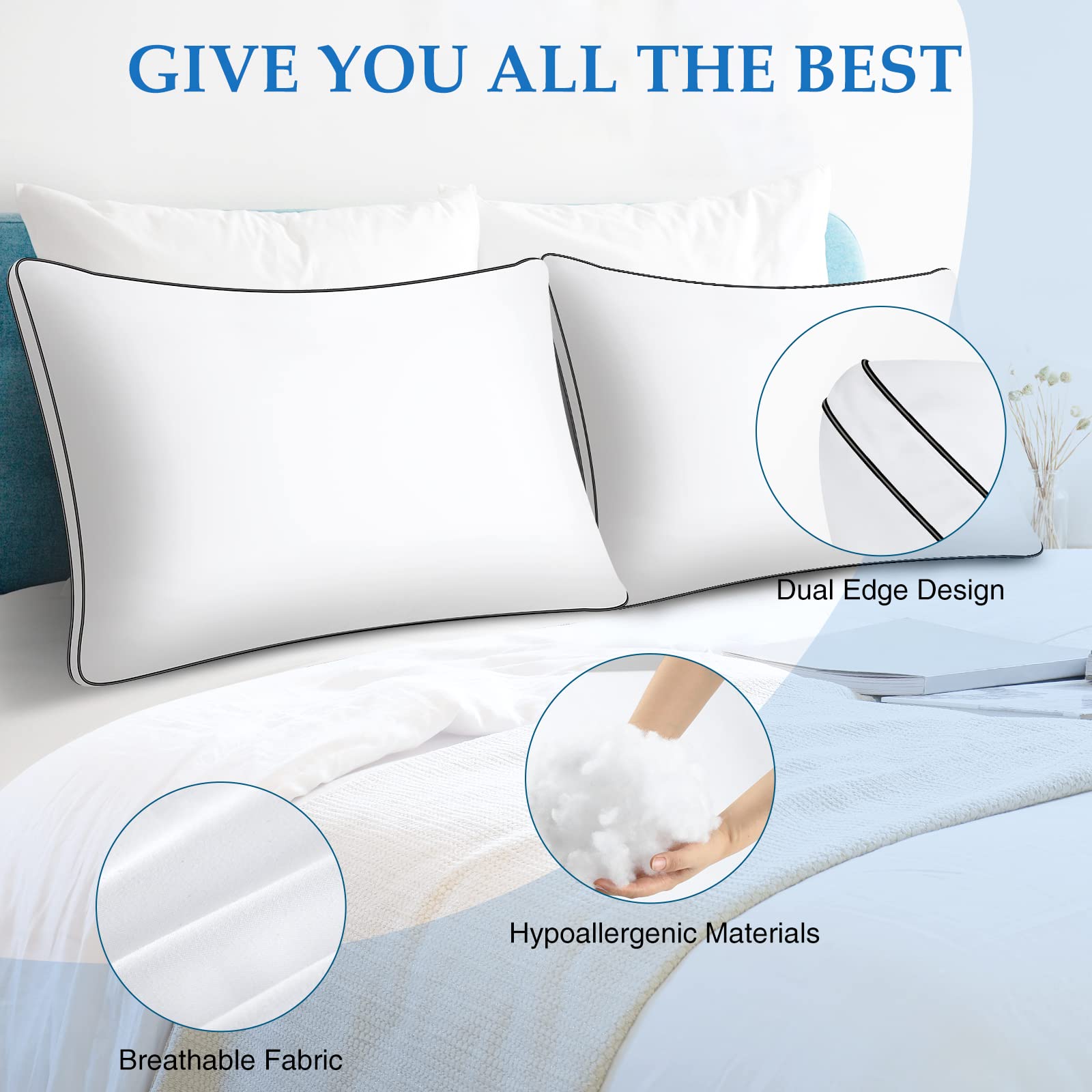 DolceLuna Pillows King Size Set of 2, Bed Pillows for Sleeping 2 Pack, King Sized Down Alternative Hotel Pillow for Side & Back Sleepers, Soft & Comfortable