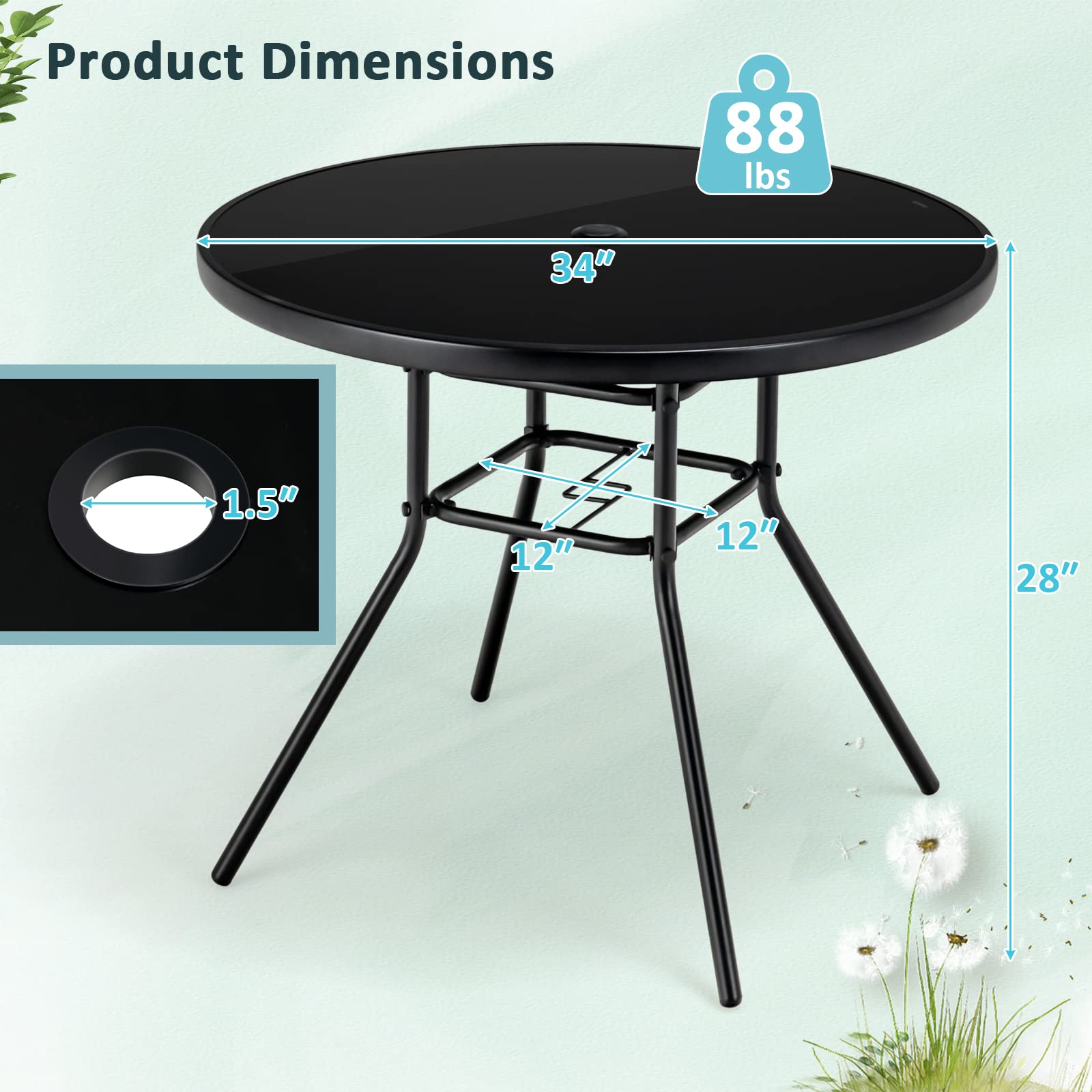 Tangkula 34 Inch Patio Dining Table, Round Tempered Glass Table with 1.5β Umbrella Hole, Heavy-Duty Metal Frame, Outdoor Metal Dining Table for Garden, Balcony, Porch