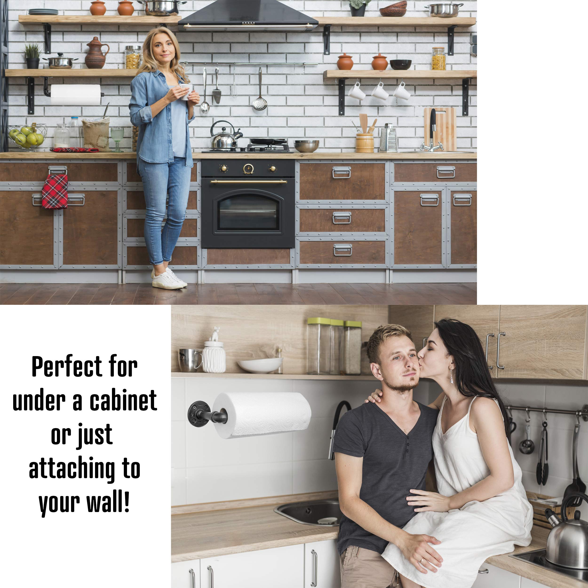 Industrial Black Paper Towel Holder | Wall Mount or Under Cabinet Mounted Design | Perfect Way to Add Rustic Appeal to Kitchen Decor by Piping Hot