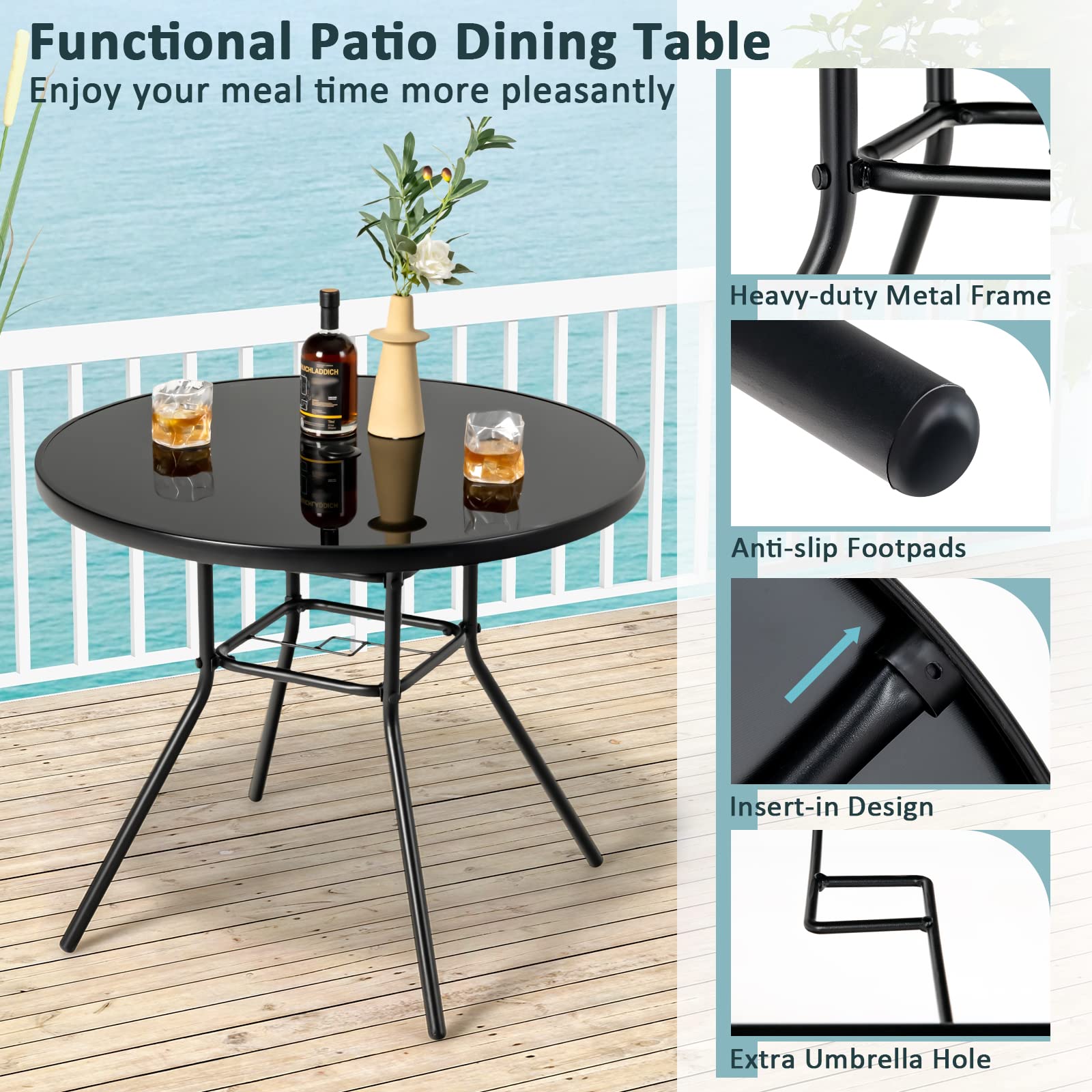 Tangkula 34 Inch Patio Dining Table, Round Tempered Glass Table with 1.5β Umbrella Hole, Heavy-Duty Metal Frame, Outdoor Metal Dining Table for Garden, Balcony, Porch