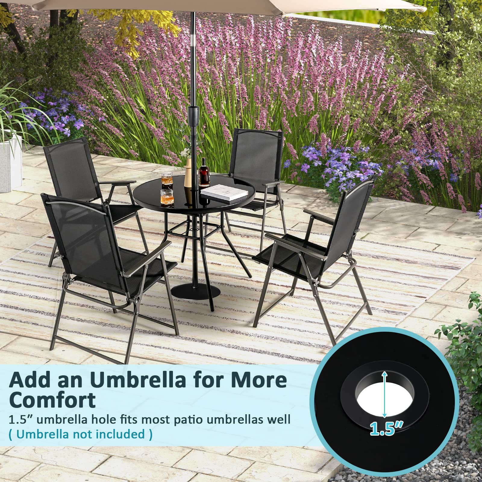 Tangkula 34 Inch Patio Dining Table, Round Tempered Glass Table with 1.5β Umbrella Hole, Heavy-Duty Metal Frame, Outdoor Metal Dining Table for Garden, Balcony, Porch