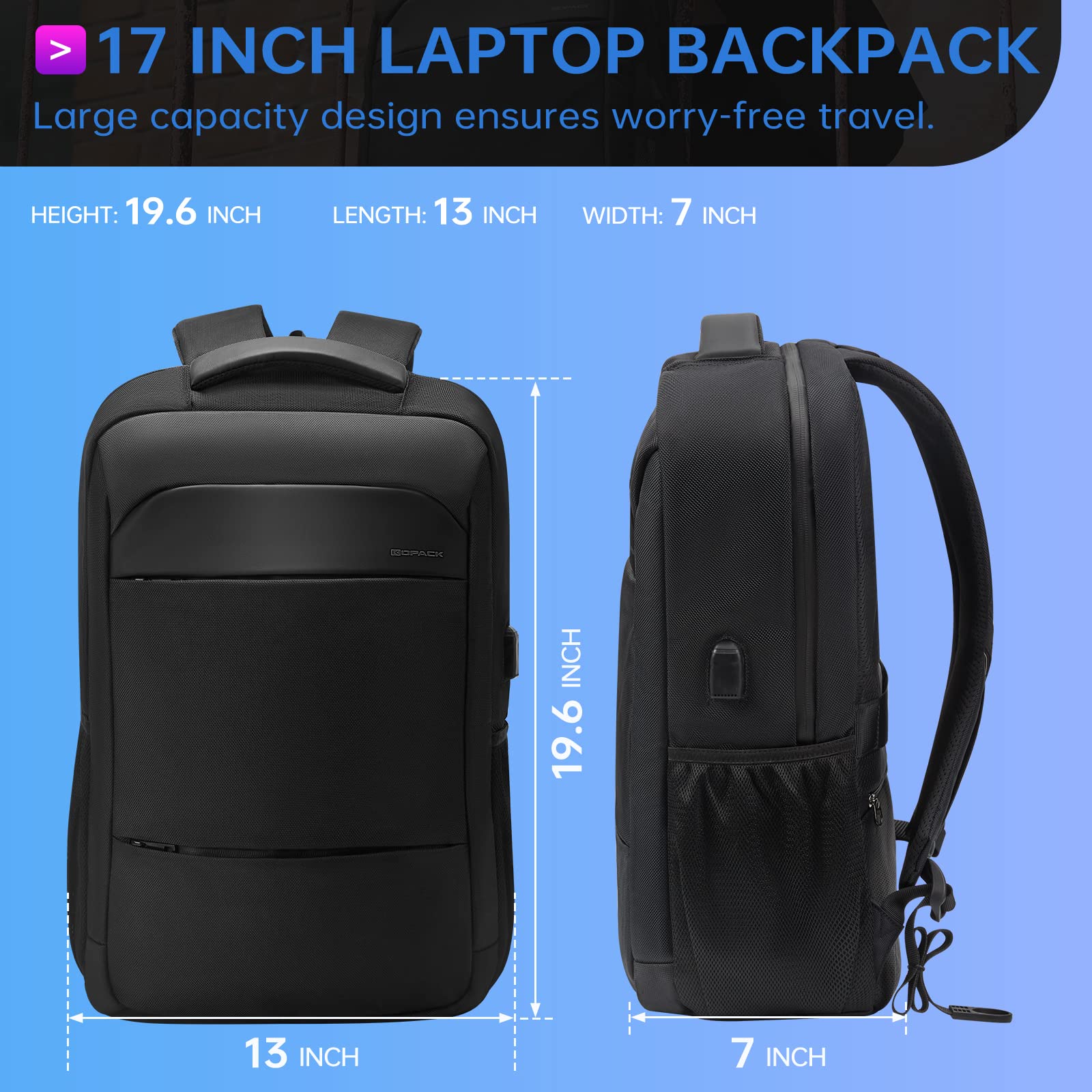 kopack Laptop Backpack,17 IN Waterproof Zipper Laptop Backpack for Men ,Business Computer Backpack With USB Port , Travel Backpack/College Backpack Black