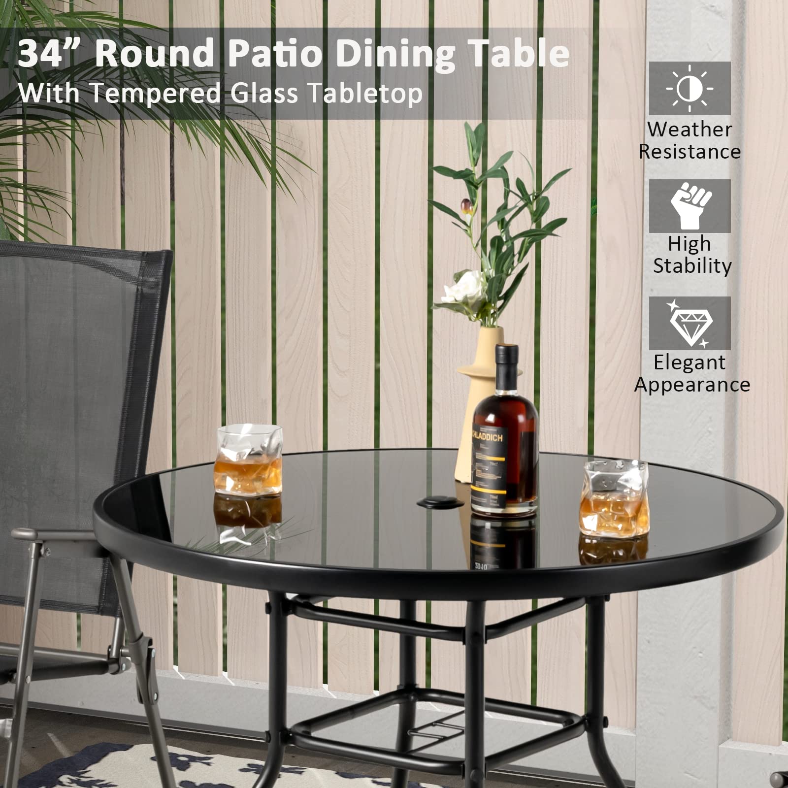 Tangkula 34 Inch Patio Dining Table, Round Tempered Glass Table with 1.5β Umbrella Hole, Heavy-Duty Metal Frame, Outdoor Metal Dining Table for Garden, Balcony, Porch
