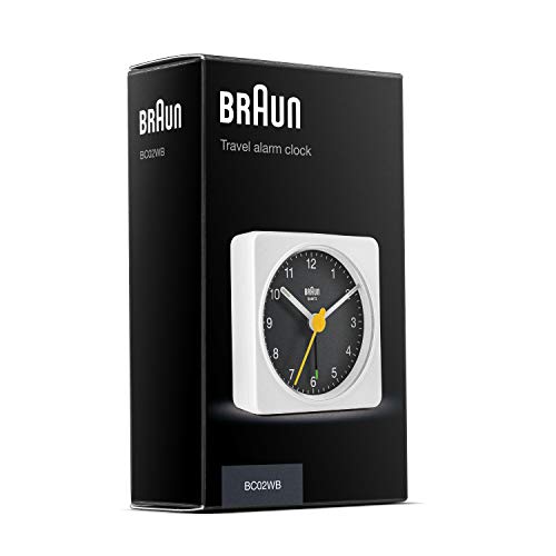 Braun Classic Travel Analogue Alarm Clock with Snooze and Light, Compact Size, Quiet Quartz Movement, Crescendo Beep Alarm in White and Black, Model BC02XWB.