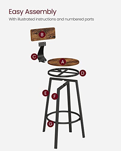 VASAGLE Bar Stools Set of 2, Tall Bar Stools, Bar Height Stools, 28.7 Inch High Barstools with Back, Industrial, Metal Frame, Easy Assembly, Rustic Brown and Black ULBC026B01V1