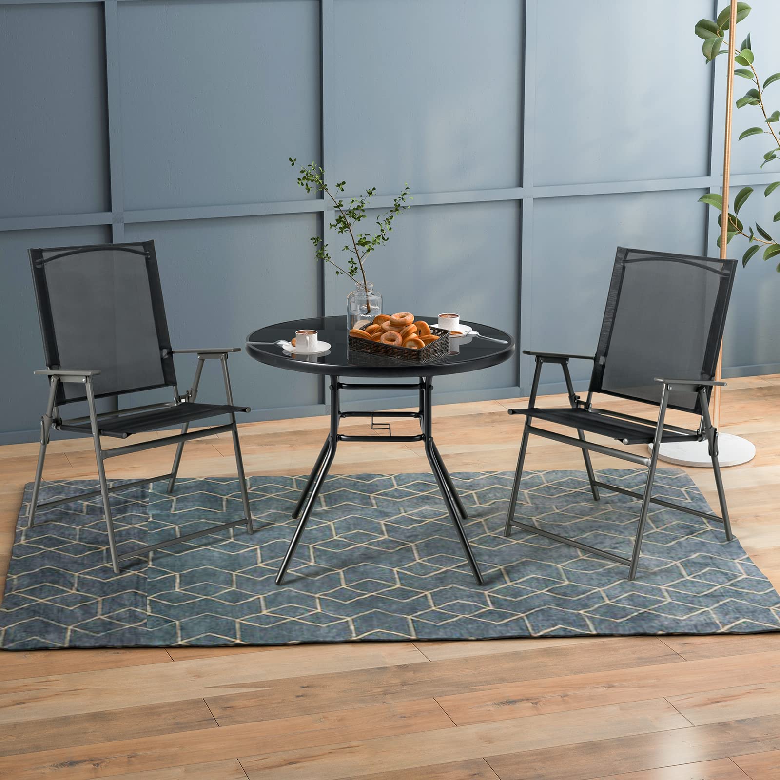 Tangkula 34 Inch Patio Dining Table, Round Tempered Glass Table with 1.5β Umbrella Hole, Heavy-Duty Metal Frame, Outdoor Metal Dining Table for Garden, Balcony, Porch