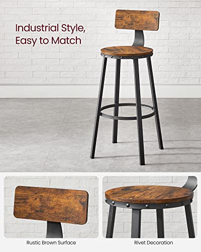 VASAGLE Bar Stools Set of 2, Tall Bar Stools, Bar Height Stools, 28.7 Inch High Barstools with Back, Industrial, Metal Frame, Easy Assembly, Rustic Brown and Black ULBC026B01V1