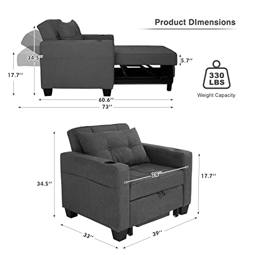 DURASPACE Futon Chair Bed Convertible Chair 3-in-1 Pull Out Sleeper Chair Beds with USB Ports, Armchair Bed Sleeper for Living Room (Dark Gray)