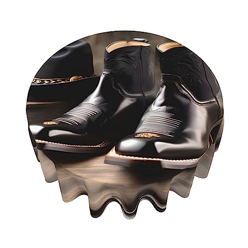 FRESQA Cowboy Black Hat Western Boots Round Tablecloth 60 NCH,Waterproof Washable Kitchen Dining Room Round Tablecloth