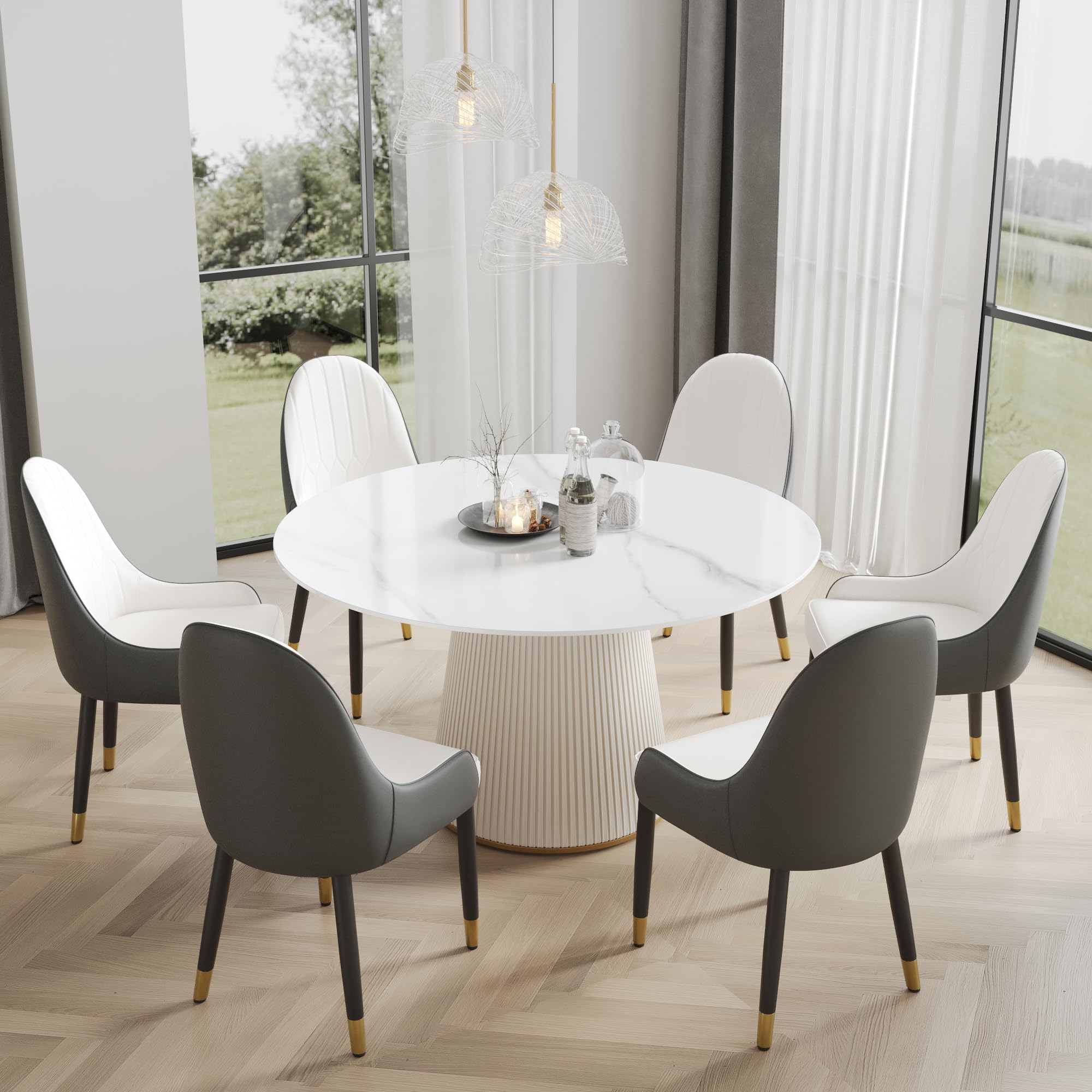 53'' Round Marble Dining Table for 4, Modern White Sintered Stone Top Kitchen Table for Dining Room,Faux Marble Circle Dining Table with Solid Wood Panel Pedestal,Wrapped in PU Leather(Only Table)