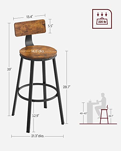 VASAGLE Bar Stools Set of 2, Tall Bar Stools, Bar Height Stools, 28.7 Inch High Barstools with Back, Industrial, Metal Frame, Easy Assembly, Rustic Brown and Black ULBC026B01V1