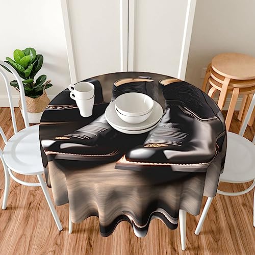 FRESQA Cowboy Black Hat Western Boots Round Tablecloth 60 NCH,Waterproof Washable Kitchen Dining Room Round Tablecloth