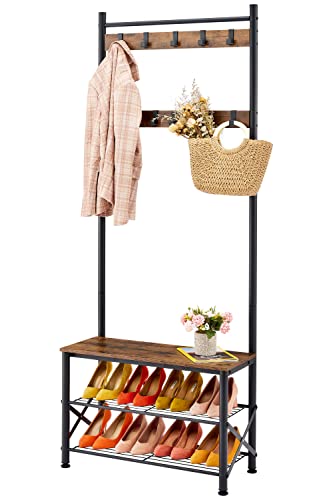 Hoctieon 3 In 1 Design Coat Rack Shoe Bench, Hall Tree for Entryway Storage Bench, Shelf Organizer, Shoe Storage, Multifunctional, Freestanding, Easy Assembly, Metal Frame, Vintage, Rustic Brown