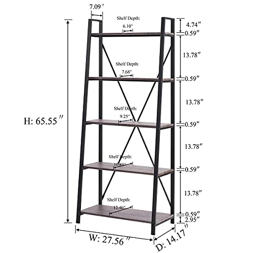 BON AUGURE Industrial Ladder Shelf, Rustic 5 Tier Leaning Bookshelf, Wood Metal Ladder Bookcase (Dark Grey Oak)