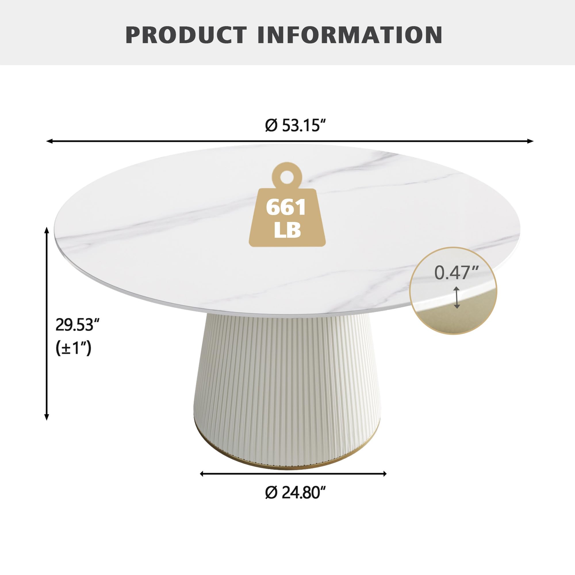 53'' Round Marble Dining Table for 4, Modern White Sintered Stone Top Kitchen Table for Dining Room,Faux Marble Circle Dining Table with Solid Wood Panel Pedestal,Wrapped in PU Leather(Only Table)