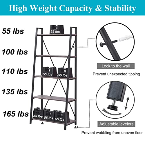 BON AUGURE Industrial Ladder Shelf, Rustic 5 Tier Leaning Bookshelf, Wood Metal Ladder Bookcase (Dark Grey Oak)