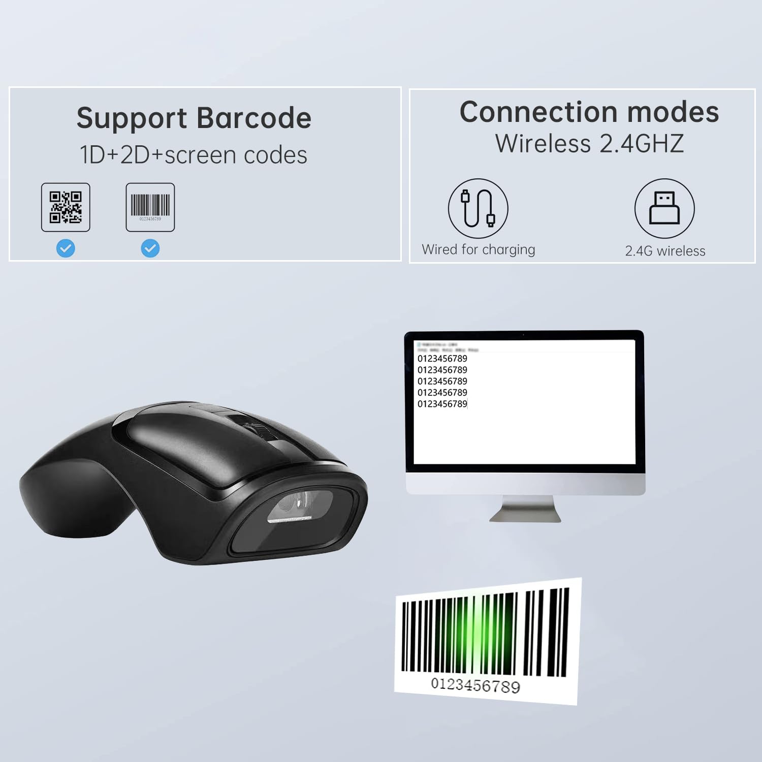 THARO New Wireless Mouse Barcode Scanner, 2-in-1 Design 2D Handheld Barcode Scanner with Wireless Mouse Functions for POS System,Store,Supermarket, Warehouse.(Black)