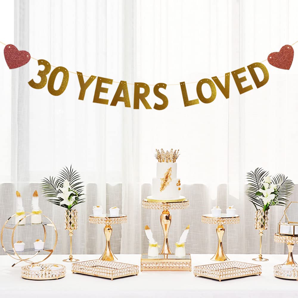 30 Years Loved Banner for 30th Birthday /Wedding Anniversary Party Decorations Supplies, Pre-strung, No Assembly Required, Gold Glitter Paper Garlands Banner Backdrops, Letters Gold, Betteryanzi