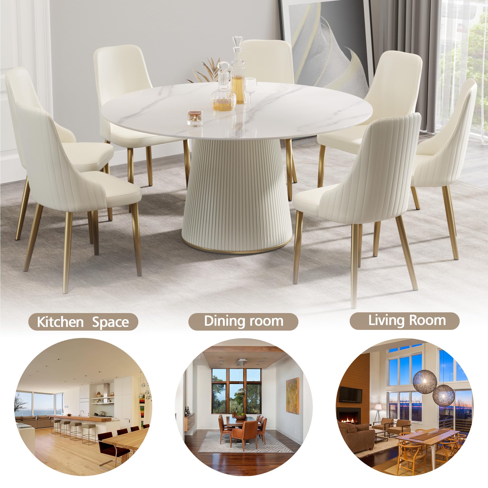 53'' Round Marble Dining Table for 4, Modern White Sintered Stone Top Kitchen Table for Dining Room,Faux Marble Circle Dining Table with Solid Wood Panel Pedestal,Wrapped in PU Leather(Only Table)