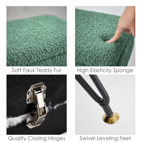 Leesingdo Vanity Stool Chair, Faux Teddy Fur Ottoman Foot Stool with Metal Legs & Adjustable Black Feet, Flip Top Storage Makeup Stool with Soft Padded Seat, Foot Rest for Makeup Room Bedroom, Green