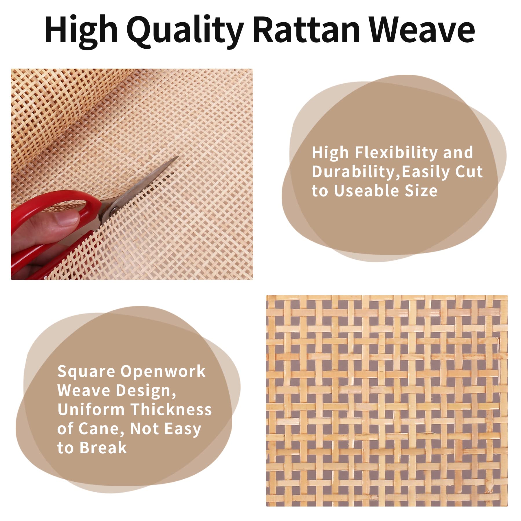 24" Width Natural Square Cane Webbing 5Feet, Rattan Webbing Roll for Caning Projects, Woven Open Mesh Cane for Furniture, Chair, Cabinet, Ceiling, Bed