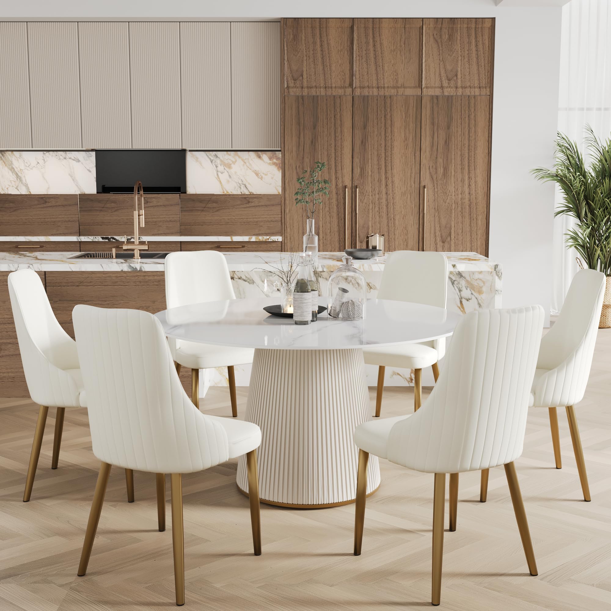 53'' Round Marble Dining Table for 4, Modern White Sintered Stone Top Kitchen Table for Dining Room,Faux Marble Circle Dining Table with Solid Wood Panel Pedestal,Wrapped in PU Leather(Only Table)