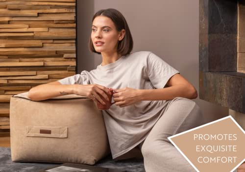 English Home Ottoman Pouffe, Comfortable Cube Foot Stool, Soft Velvet Bean Bag, Home Decor Footstool Extra Seating for Living Room, Bedroom, Casha, 17.7x17.7 inch (45x45 cm), Beige