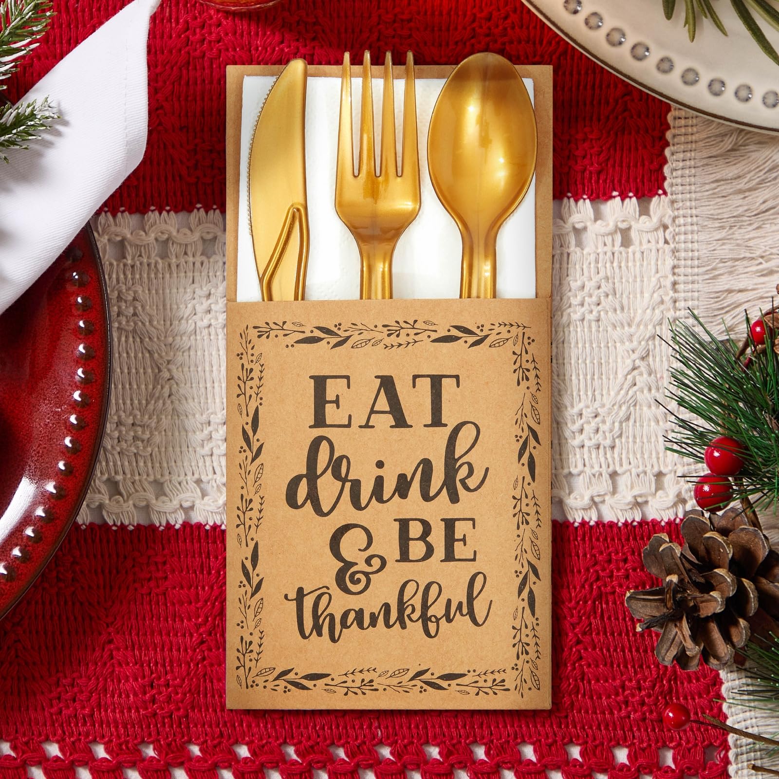 Thanksgiving Dinner Party Utensil Holder Pockets, Eat Drink & Be Thankful (36 Pack)