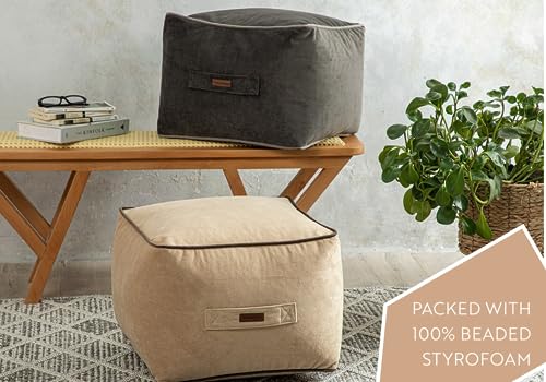 English Home Ottoman Pouffe, Comfortable Cube Foot Stool, Soft Velvet Bean Bag, Home Decor Footstool Extra Seating for Living Room, Bedroom, Casha, 17.7x17.7 inch (45x45 cm), Beige