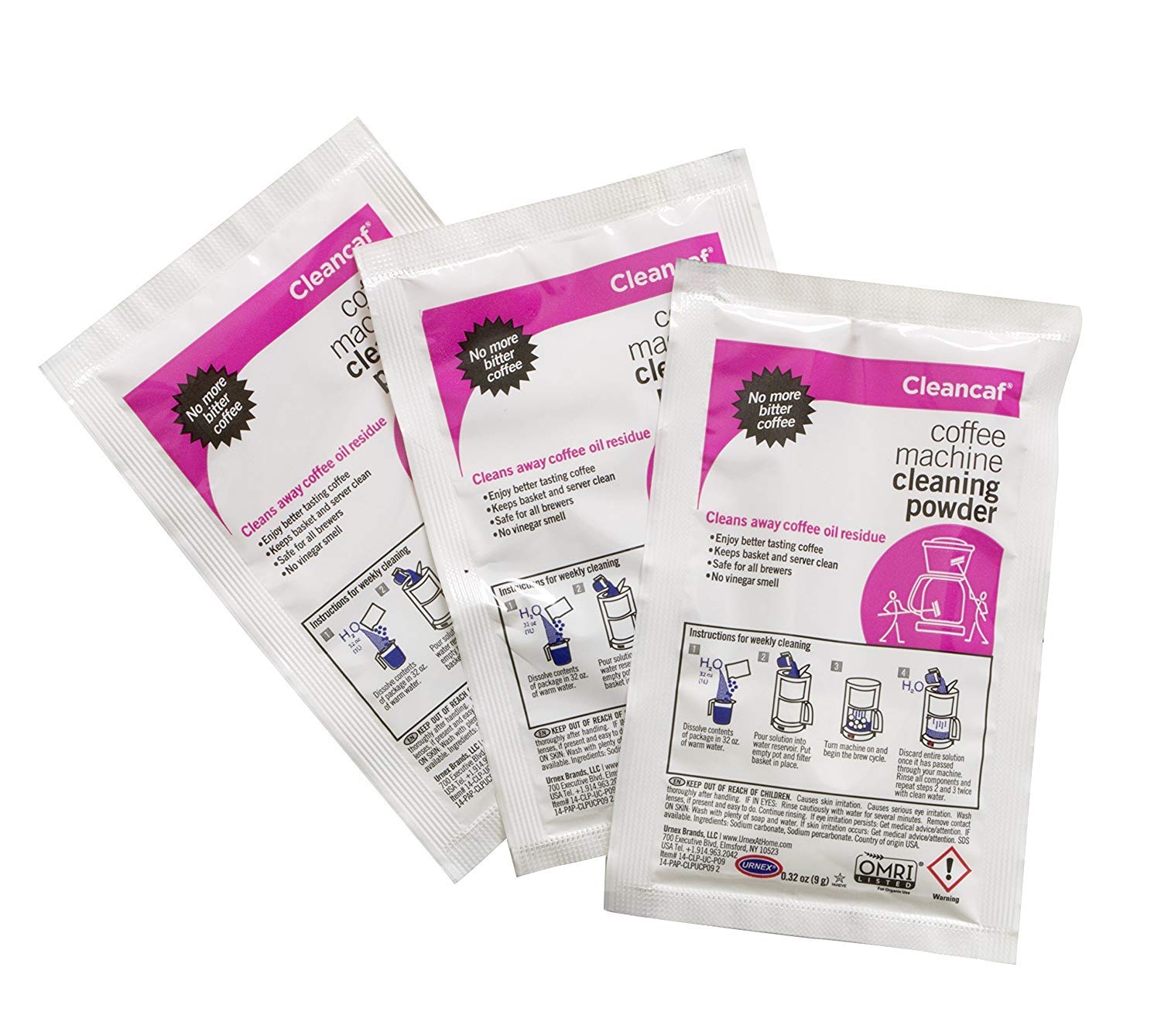 Urnex Coffee Maker and Espresso Machine Cleaner Cleancaf Powder - 3 Packets - Safe On Keurig Delonghi Nespresso Ninja Hamilton Beach Mr Coffee Braun
