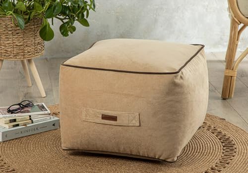 English Home Ottoman Pouffe, Comfortable Cube Foot Stool, Soft Velvet Bean Bag, Home Decor Footstool Extra Seating for Living Room, Bedroom, Casha, 17.7x17.7 inch (45x45 cm), Beige