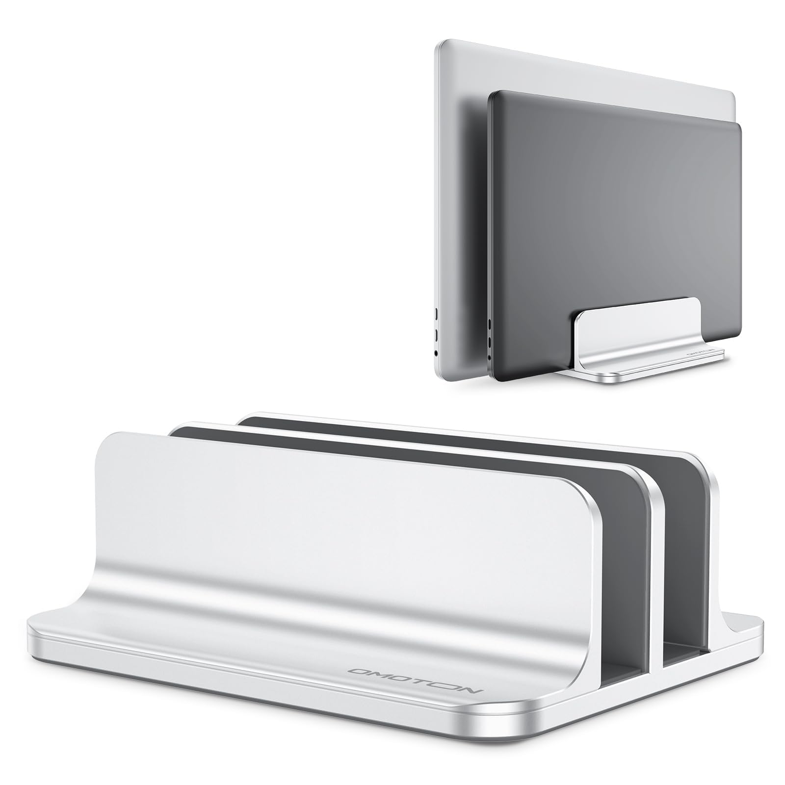 OMOTON [Updated Dock Version] Vertical Laptop Stand, Double Desktop Stand Holder with Adjustable Dock (Up to 17.3 inch), Fits All MacBook/Surface/Samsung/HP/Dell/Chrome Book (Silver)