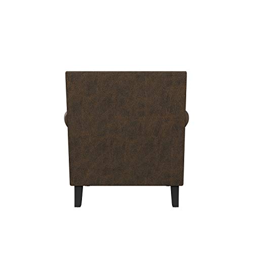 Domesis Button Tufted Rolled Arm Chair and Ottoman in Distressed Brown Faux Leather