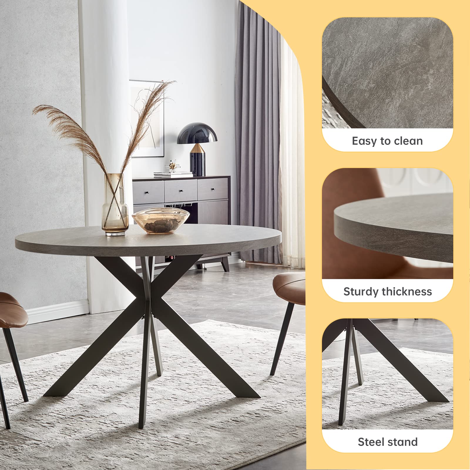 Zerifevni 47" Round Dining Table Set, Mid Century Modern Round Dining Table for 4-6 Person, Steel Legs, Leisure Coffee Table for Kitchen Dining Room, Save Space
