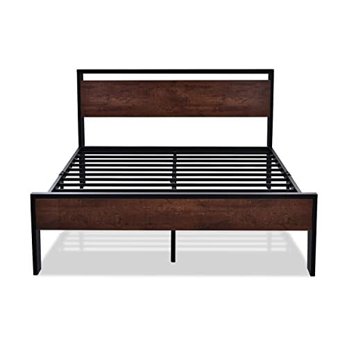 SHA CERLIN 14 Inch Queen Size Metal Platform Bed Frame with Wooden Headboard and Footboard, Mattress Foundation, No Box Spring Needed, Large Under Bed Storage, Non-Slip Without Noise, Mahogany