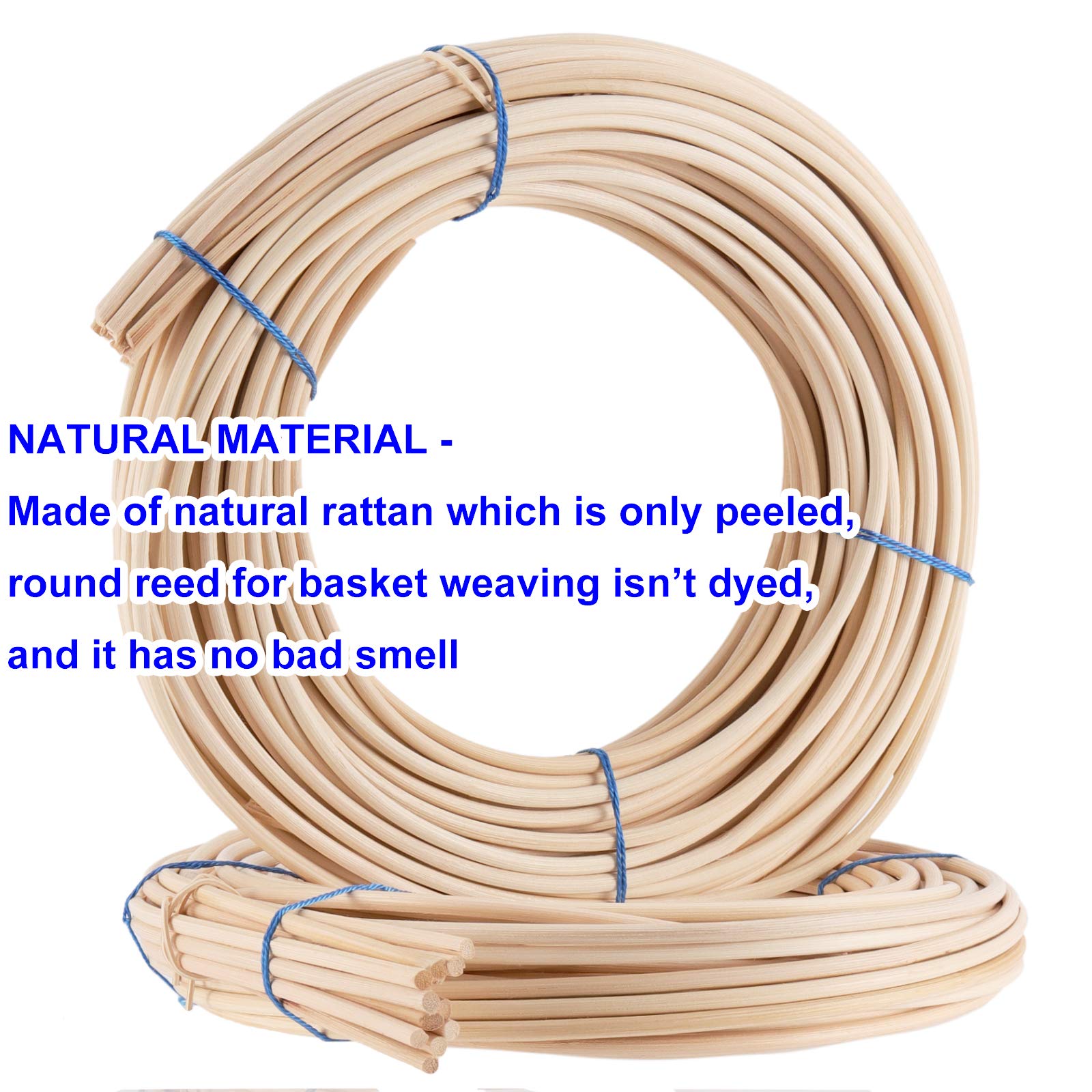 KOHAND 2 Pack 0.2 Inch 65 Feet Round Reed Spline,Chair Cane for DIY Craft Rattan Cane Webbing Basket Wicker Weaving