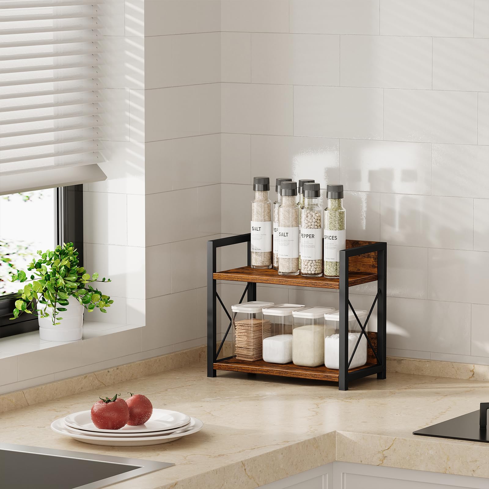 Giikin Countertop Shelf Organizer, 2 Tier Kitchen Spice Rack Organizer for Countertop, Wood Coffee Counter Shelf Organizer for Home (Rustic Brown)