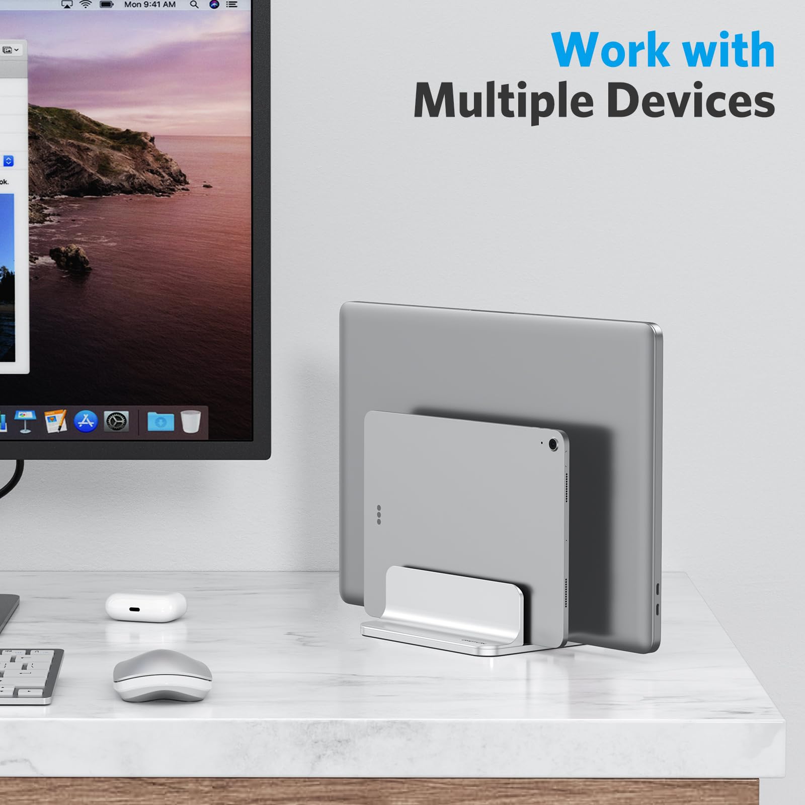 OMOTON [Updated Dock Version] Vertical Laptop Stand, Double Desktop Stand Holder with Adjustable Dock (Up to 17.3 inch), Fits All MacBook/Surface/Samsung/HP/Dell/Chrome Book (Silver)