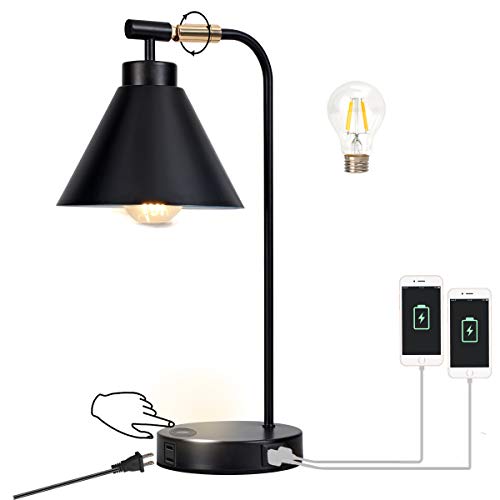Industrial Black Bedroom Table Lamp, Dimmable Touch Control Bedside Lamp with 2 USB Charging Ports and AC Outlet, Nightstand Reading Lamp with Metal Flexible Head for Living Room Office, Bulb Included