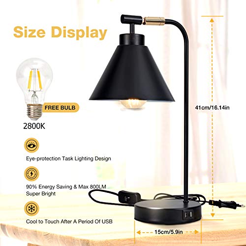 Industrial Black Bedroom Table Lamp, Dimmable Touch Control Bedside Lamp with 2 USB Charging Ports and AC Outlet, Nightstand Reading Lamp with Metal Flexible Head for Living Room Office, Bulb Included